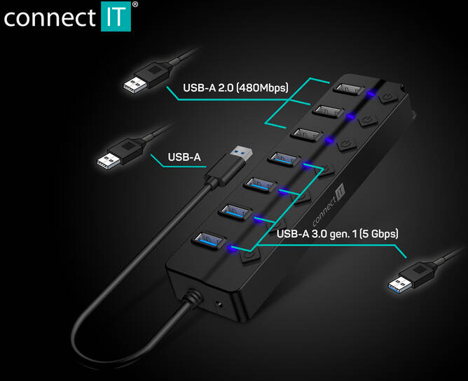 USB Hub Connect IT Mighty Switch 2, USB-A/ 4x USB-A 3.0, 3x USB-A 2.0 ...